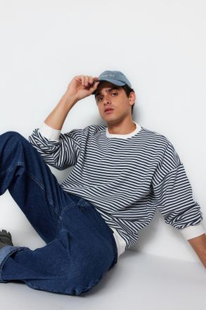Trendyol MAN Herren Dunkelblau Gestreift Lang Oversize Sweatshirts