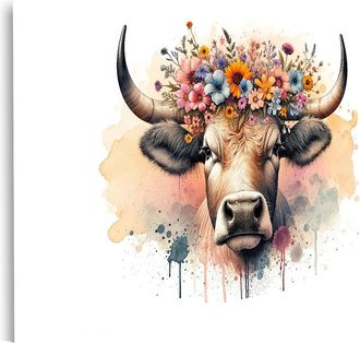 Islandburner Bild auf Leinwand Kuh Mit Blumenkranz Kunstvoll Aquarell Zeichnung Buntes Portrait Bilder Wandbilder Poster