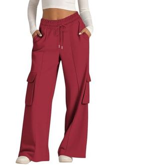 Generic Pantalon de surv&ecirc;tement ample pour femme - Pantalon cargo taille haute avec poches - Streetwear Y2K - Pantalon de sport d&eacute;contract&eacute;, bordeaux, L