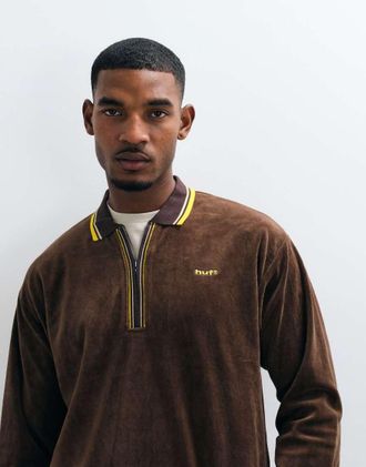 HUF Parker polo zipp&eacute; en velours &agrave; manches longues marron