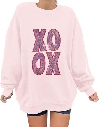 Generic Sweat-shirt &agrave; col rond brod&eacute; surdimensionn&eacute; pour la Saint-Valentin 2026, rose, XL