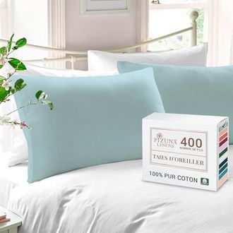 Pizuna Coton Peigné Set de 2 Taies doreiller 50x75 cm Bleu Bébé, 100% Coton Longue Tige 400 Fils Armure Satin Taies doreiller en Coton 50x75 avec Rabat de 20