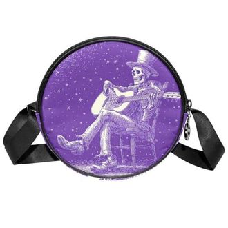 Generic Sac &agrave; bandouli&egrave;re rond pour femme, motif t&ecirc;te de mort violette, guitariste, petit sac &agrave; dos &agrave; bandouli&egrave;re avec fermeture &eacute;clair, bretelles r&eacute;glables, 