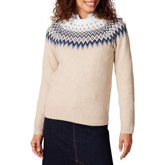 Amazon Essentials Pull &agrave; col roul&eacute; &agrave; motif Fair Isle doux au toucher Femme, Bleu Taupe Chin&eacute; Blanc Motif Jacquard &Eacute;cossais, L