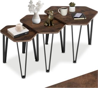 TecTake 3er Set Beistelltisch, sechseckiger Couchtisch in 3 Größen, Möbel für Sofa, Couch, Deko Wohnzimmer, als Blumenständer oder Schlafzimmer Nachttisch - I