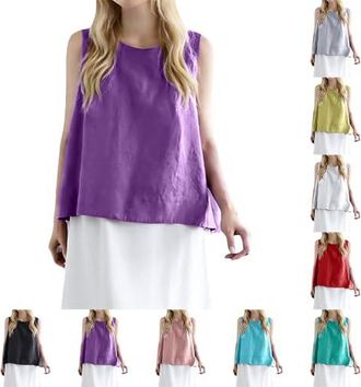 Generic D&eacute;bardeurs confortables &agrave; col rond en lin pour femme - D&eacute;bardeurs d&eacute;contract&eacute;s amples boutonn&eacute;s - Sans manches - Tenue de vacances d&eacute;t&eacute;, Noir, XXL