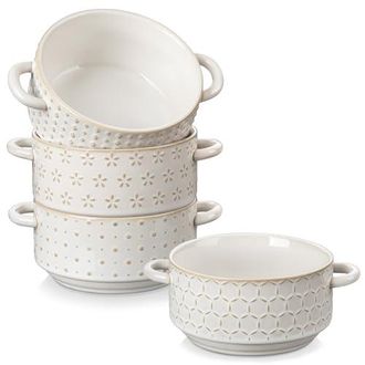 Malacasa Série LYDIA, Lot de 4 Bols à Soupe en Céramique de avec Poignées, 590 ml Mini Cocottes, Motifs Uniques en Relief, Passent au Four et au Micro-ondes, p
