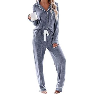 Generic Ensemble de pyjama 2 pi&egrave;ces pour femme, manches longues, boutons vers le bas, pyjama &agrave; manches longues, ensembles de v&ecirc;tements dint&eacute;rieur, bleu, 3XL