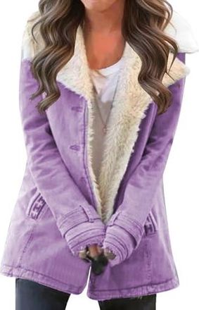 Generic Veste dhiver chaude en polaire Sherpa doubl&eacute;e de grande taille avec revers boutonn&eacute;, manteau dext&eacute;rieur en composite tendance pour femme, violet, 5XL