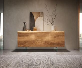 DELIFE Sideboard New Live-Edge 145 cm Eiche Natur 3 T&uuml;ren Glasfu&szlig;, Sideboards, Baumkantenm&ouml;bel, Massivholzm&ouml;bel, Massivholz