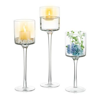 Nuptio Glas Teelichtkerzenhalter Hoher 25cm/30cm/35cm Glaskerzenhalter 1 Set Langer Stiel Schwimmkerzen, Glaskerzenhalter Stumpenkerzen, Kristallkerzenhalter