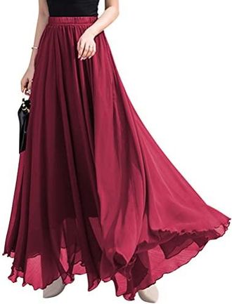 ORANDESIGNE Jupe Femme Longue Plissée en Mousseline de Soie Chic et Elegant Trapèze Taille Haute Tulle Jupe Fluide Taille Élastique Décontracté Maxi Jupe Soirée S