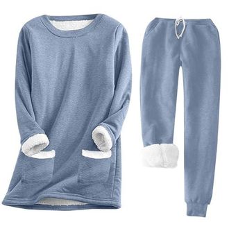 Generic Pyjama en polaire pour femme, ensemble décontracté 2 pièces à manches longues, ensemble de vêtements dhiver, bleu, XXL