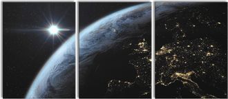 Pixxprint Erdkugel im All mit Lichtern B&W Detail, XXL Leinwandbild in &Uuml;bergr&ouml;&szlig;e 180x80m Gesamtma&szlig; 3 teilig, Wandbild, Kunstdruck