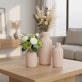 Relaxdays Vasen 3er Set, Blumenvasen, 3 versch. Gr&ouml;&szlig;en, Frisch- & Trockenblumen, Dekovase aus Keramik, Tischdeko, beige