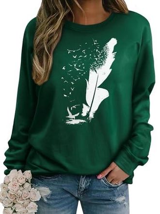 Dresswel Pull pour femme - Imprim&eacute; plume - Sweat-shirt &agrave; manches longues - Col rond - Manches longues - Automne - Hiver - Hauts - Chemisier, 2-vert, M