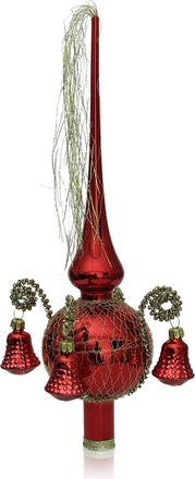 Lauschaer Glas Weihnachtsbaumspitze mit Formglöckchen rot Glanz, umsponnen L ca. 28cm d(Kugel) 7cm Christbaumschmuckspitze mundgeblasen,handdekoriert,Leonischer Drah