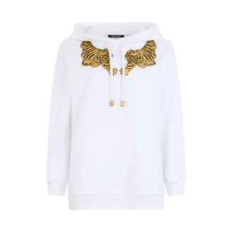 Roberto Cavalli Femme, Sweatshirts et sweats &agrave; capuche, Blanc, Taille: 42 FR SweaT-shirt &agrave; Capuche avec Broderie Tigre