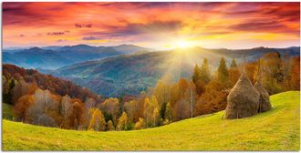 Paul Sinus Art 120x60cm - WANDBILD Berge Wald Wiese Sonne Herbst - Leinwandbild auf Keilrahmen modern stilvoll - Bilder und Dekoration