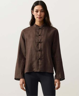 Oysho Jacke aus 100% Leinen in Braun mit Stehkragen und Kn&ouml;pfen