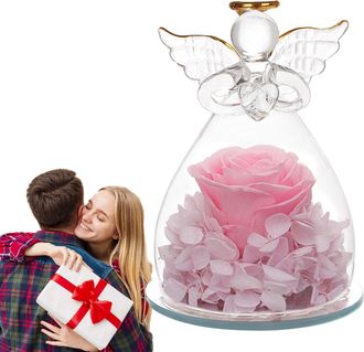 Generic Glass Angel Figurine - Konservierte Rose, Engelsdekor, Geschenk für sie | Elegante handgefertigte Engelsstatue mit Forever, ideal für Valentinstag, Ho