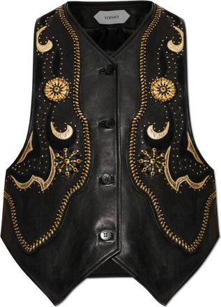 Versace Femme, Vestes, Noir, Taille: 36 FR Embroidered Leather Vest