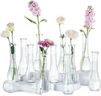 Nuptio Kleine Glasvasen f&uuml;r Tischdeko Blumenvase: 12 St&uuml;ck 21,7cm Hoch Schmale Klein Vase f&uuml;r Hochzeitsdeko - Durchsichtig Gerippte Vasen Set f&uuml;r Wohnzimmer 