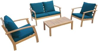 Sweeek Salon de jardin en bois 4 places - Ushua&iuml;a - Canap&eacute;. fauteuils et table basse en acacia. design Bois / Bleu canard