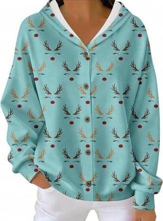 Generic Cardigan de Noël à capuche boutonné pour femme - Haut de Noël amusant - Imprimé de Noël - Veste à capuche surdimensionnée - Vêtements de sport - Costu