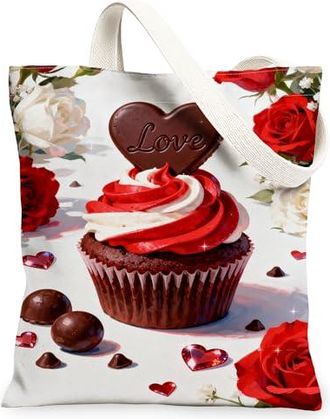 Generic Sacs fourre-tout r&eacute;utilisables en toile florale pour la Saint Valentin, motif cupcake coeur, vintage, l&eacute;ger, lavable avec bandouli&egrave;re pour Tr, Rouge, 