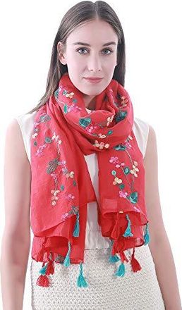 Lina & Lily &Eacute;charpe Ch&acirc;le Foulard &agrave; Fleurs Brod&eacute;es De Diff&eacute;rentes Couleurs (Rouge)