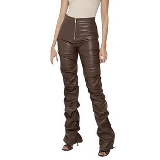 Generic Pantalon en cuir pour femme, pantalon fronc&eacute; en similicuir taille basse skinny en cuir PU empil&eacute; leggings collants f&ecirc;te fille streetwear mode petit pa