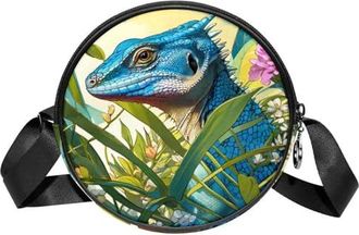 Generic Petit sac &agrave; bandouli&egrave;re circulaire pour femme, motif l&eacute;zard fleur, sac &agrave; dos &agrave; bandouli&egrave;re avec fermeture &eacute;clair, bretelles r&eacute;glables, sac &agrave; main rond