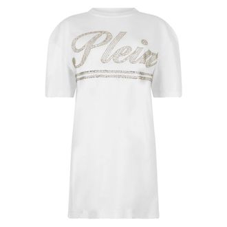 Philipp Plein Femme, Robes, Blanc, Taille: 40 FR Open Back T-Shirt Dress Strass Signature