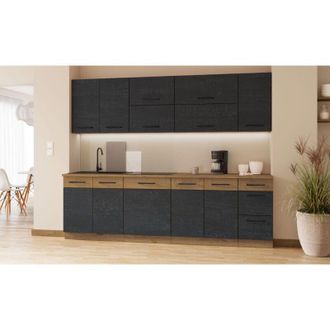 Furnix K&uuml;chenm&ouml;bel-Set K&uuml;chenzeile Vinette 260 cm mit H&auml;ngeschr&auml;nken Dunkles Holz - Furnix