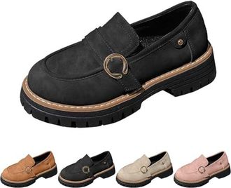 Generic Chaussures à enfiler confortables style britannique rétro pour femme, mocassins à plateforme en daim à bout rond, Noir, 35.5 EU