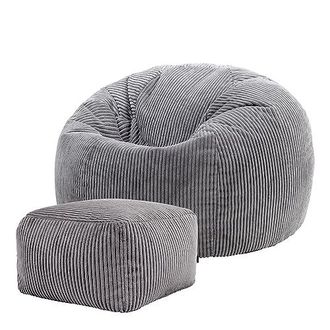 Icon Brand Kingston Sitzsack mit Hocker Cord, Dunkelgrau, Sitzsack Erwachsene mit Füllung, Bean Bag, Cord Sessel, Lounge Sessel, Lounge Stuhl, Schlafzimmer, Wohn