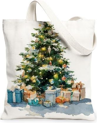Generic Sacs fourre-tout en toile de No&euml;l, motif arbre de vacances, sacs de courses r&eacute;utilisables, d&eacute;coratifs festifs, l&eacute;gers et lavables, Blanc, 13x15 Inch