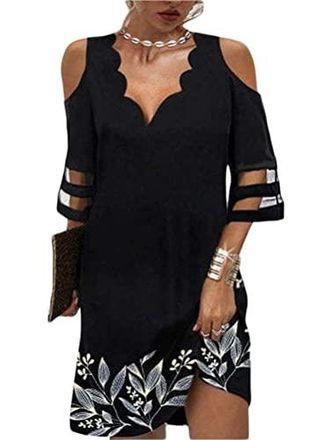 Onsoyours Femme Mini Robe Robe de Printemps &Eacute;l&eacute;gante Col en V Manches Courtes Longueur Genou Florale Robe D&eacute;contract&eacute;e Boho A Noir01 L