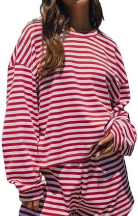 Generic Ensemble de pyjama 2 pi&egrave;ces &agrave; rayures &agrave; manches longues pour femme, ensemble de pyjama 2 pi&egrave;ces, tenue Y2K, ensemble court assorti, Rouge, XL