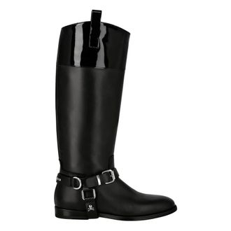 Philipp Plein Femme, Chaussures, Noir, Taille: 36 EU Bottes Hautes Plates en Cuir Verni