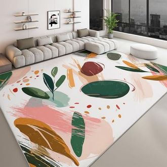 Generic Tapis Rose-Blanc Lavable pour Salon, Tapis &agrave; Poils Courts Antid&eacute;rapant Abstrait Dessin &Agrave; La Main Feuilles G&eacute;om&eacute;trique pour Enfants Bureau Salle &agrave; Mang
