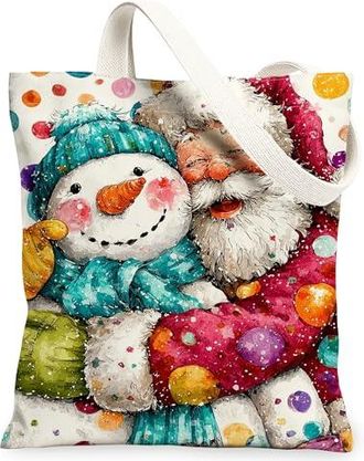 Generic Sacs fourre-tout festifs en toile, motif bonhomme de neige, P&egrave;re No&euml;l, sacs de courses r&eacute;utilisables, color&eacute;s, amusants, l&eacute;gers et lavables, toile pou