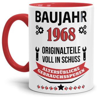 Tassendruck Geburtstags-Tasse Baujahr 1968 Innen & Henkel Rot/Kaffee-Tasse/Mug/Cup/Becher/Lustig/Witzig/Fun/Geschenk-Idee/Geburts-Jahr/Scherz-Artikel/Geburtstags-
