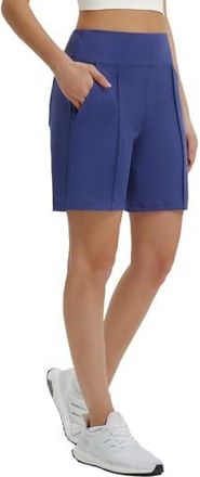 Baleaf Bermuda long taille haute pour femme de 17,8 cm avec poches &agrave; fermeture &eacute;clair, short long pour entra&icirc;nement athl&eacute;tique, marche d&eacute;contract&eacute;e, bleu, L