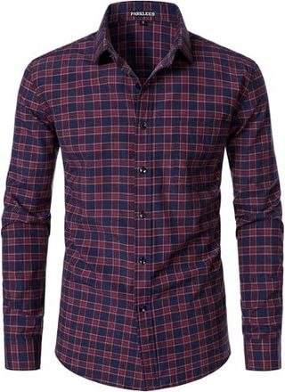 PARKLEES Chemise l&eacute;g&egrave;re &agrave; carreaux pour homme, coupe ajust&eacute;e, &agrave; carreaux, chemise boutonn&eacute;e &agrave; manches longues avec poche, Bordeaux et bleu marine, L