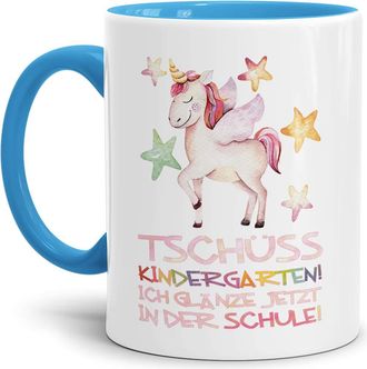 Tassendruck Einschulungs-Tasse Tschüss Kindergarten - ABC-Schütze/Schule/Kind / 1. Klasse/Geschenk zur Einschulung/Schul-klasse/Innen & Henkel Hellblau