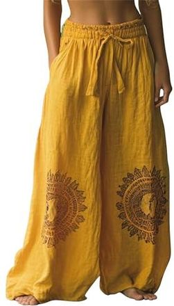 Generic Pantalon à jambes larges pour femme - Grande taille - En coton et lin - Style hippie décontracté - Style bohème - Style vintage - Motif floral - Pour 