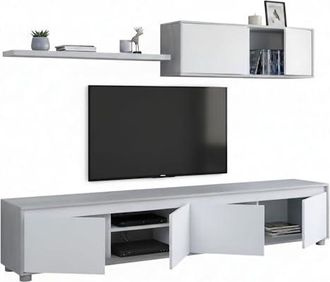 Dmora Savannah Wandsystem, TV-St&auml;nder, Wohnzimmerm&ouml;bel, Zusammensetzung des Wohnzimmersets, Wohnzimmerset mit Schrankwand, 200 x 41 x 43 cm, Wei&szlig; und Zement