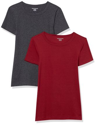 Amazon Essentials Damen Kurzärmeliges T-Shirt mit Rundhalsausschnitt, Schmale Passform, 2er-Pack, Burgunderrot/Dunkelgrau Meliert, XXL